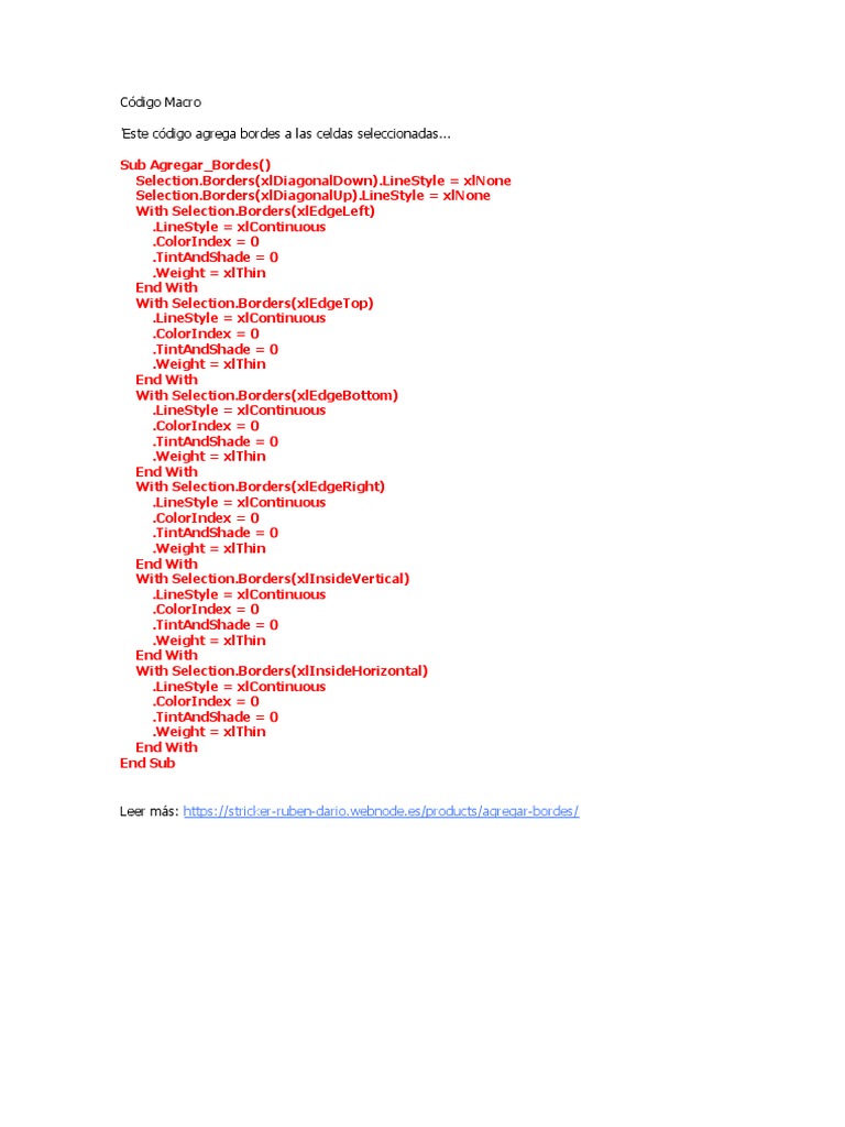 Código Macro 'Este Código Agrega Bordes A Las Celdas Seleccionadas.. | PDF | Teaching Methods ...