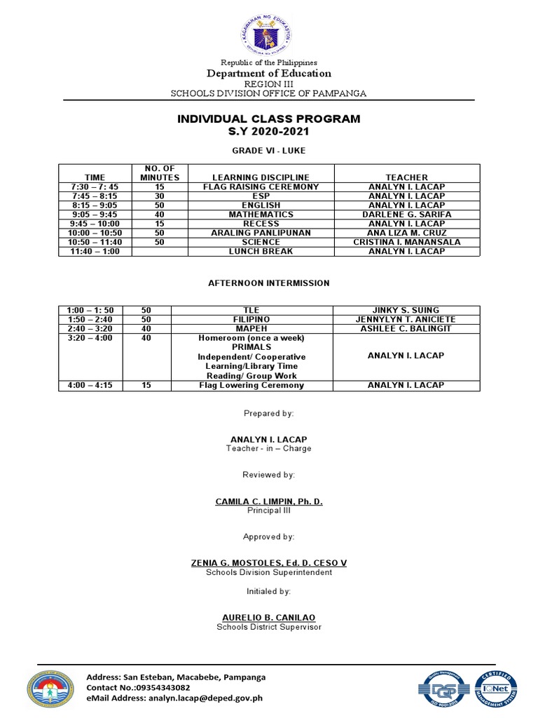 Individual Class Program S.Y 2020-2021: Department of Education | PDF ...