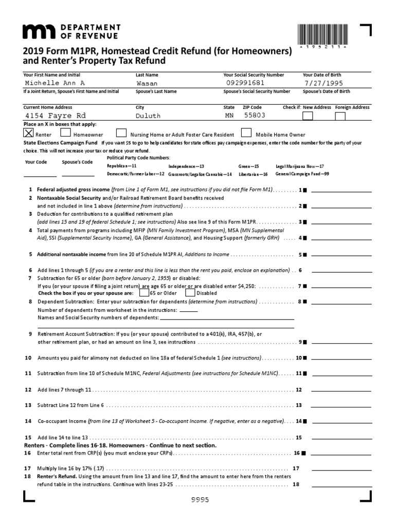2019 Form M1PR, Homestead Credit Refund (For Homeowners) and Renter's ...