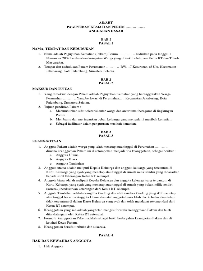 AD/ART Paguyuban Kematian Perum | PDF | Griya & Taman
