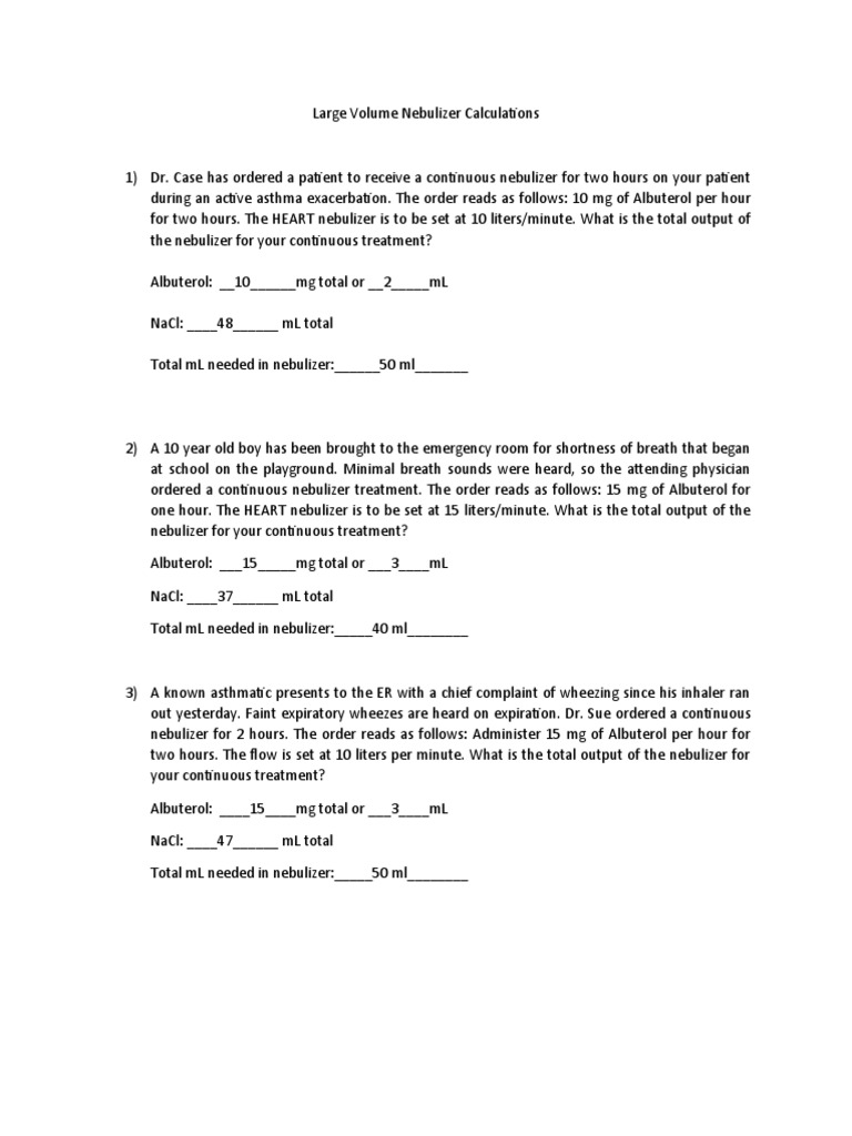 Large Volume Nebulizer Calculations Answers | PDF | Self-Improvement ...