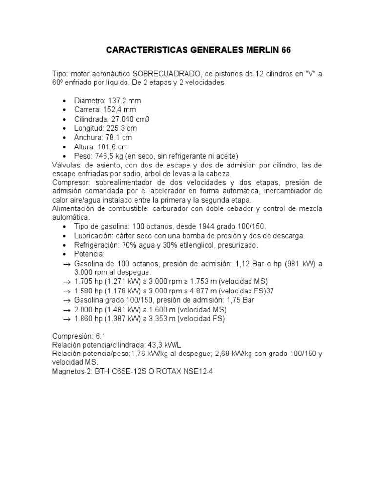 Motor Merlin 66: Especificaciones Detalladas | PDF | Pistón | Máquinas ...