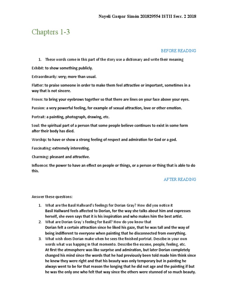 Chapters 1, 2, 3 | PDF | The Picture Of Dorian Gray