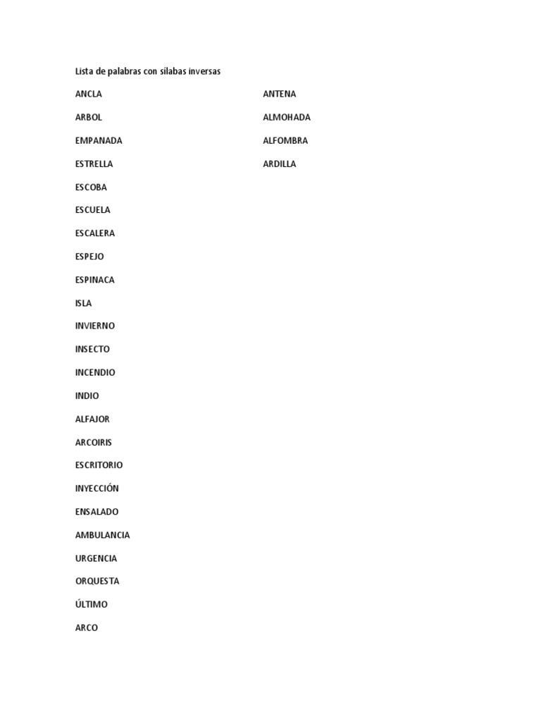 Lista de Palabras Con Sílabas Inversas | PDF