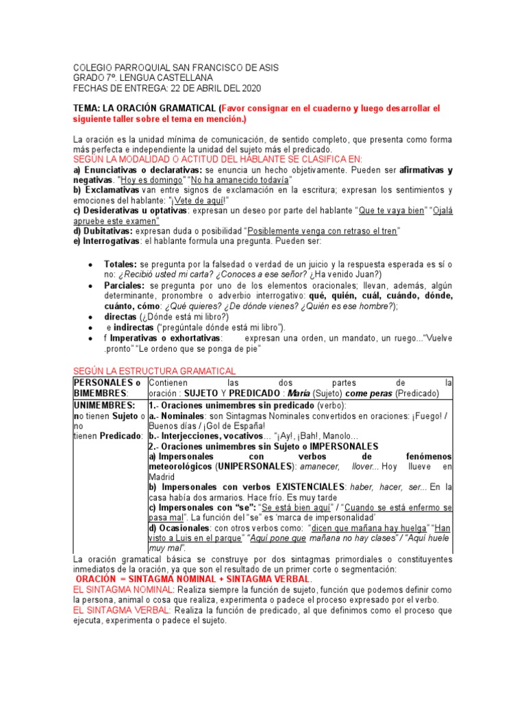 La Oración Gramatical 7o. TALLER 2020 REPASO | PDF | Asunto (gramática ...
