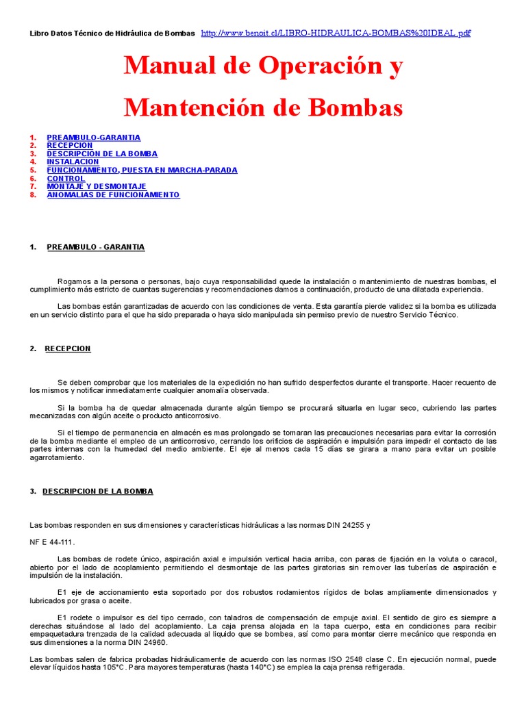 Manual de Operacion y Mantencion de BOMBAS | PDF | Bomba | Mecánica de Medios Continuos