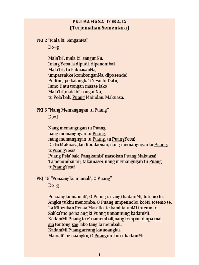 Lirik PKJ dalam Bahasa Toraja | PDF