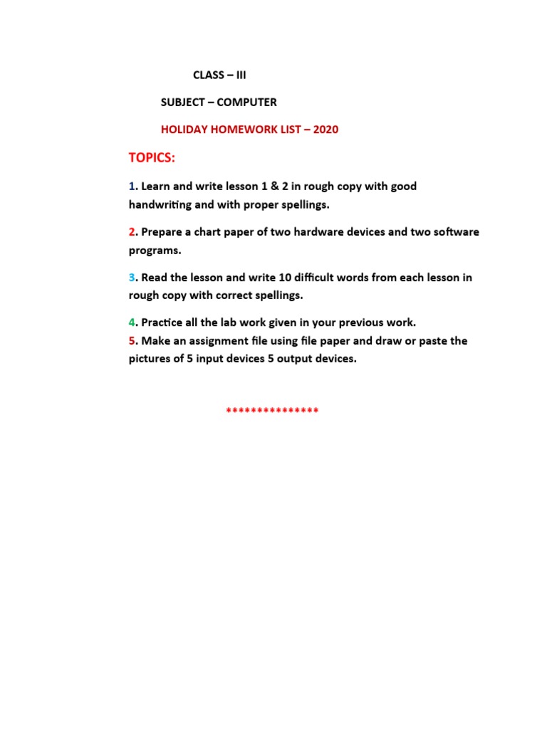 CLASS 3 Holiday Homework | PDF