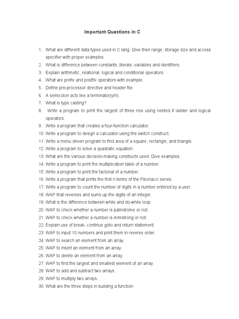 C Language Important Questions Pdf Subroutine Pointer Computer Programming
