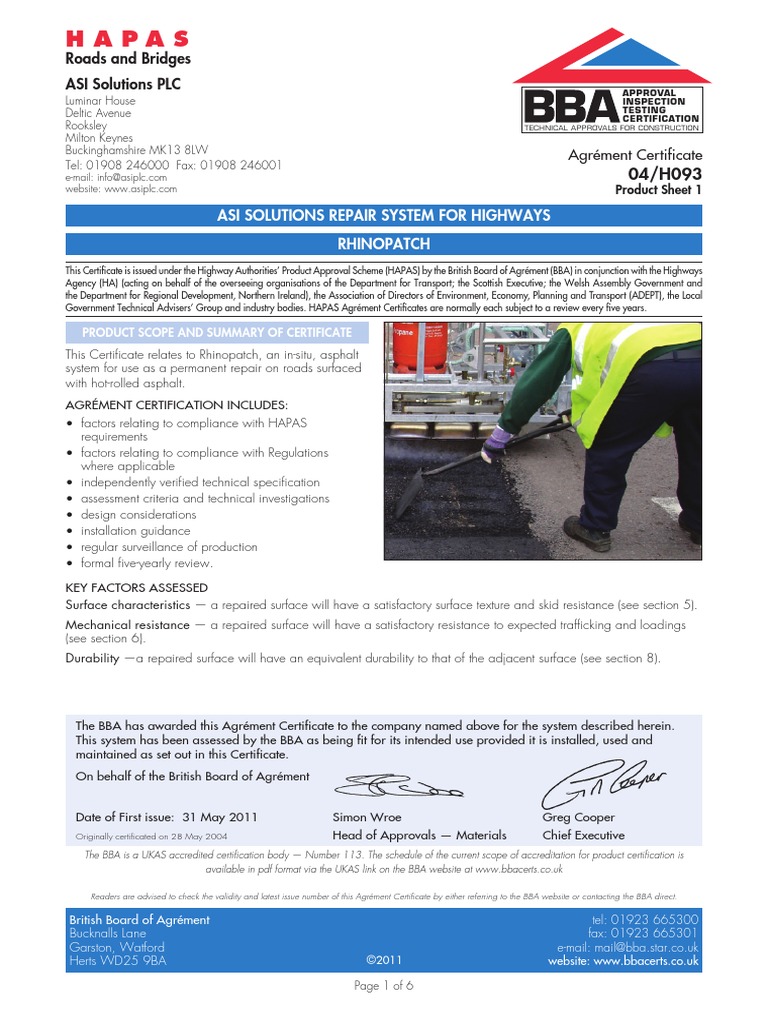Rhinopatch HAPAS BBA Certificate - 31 - 05 - 2011 | PDF | Road Surface | Asphalt
