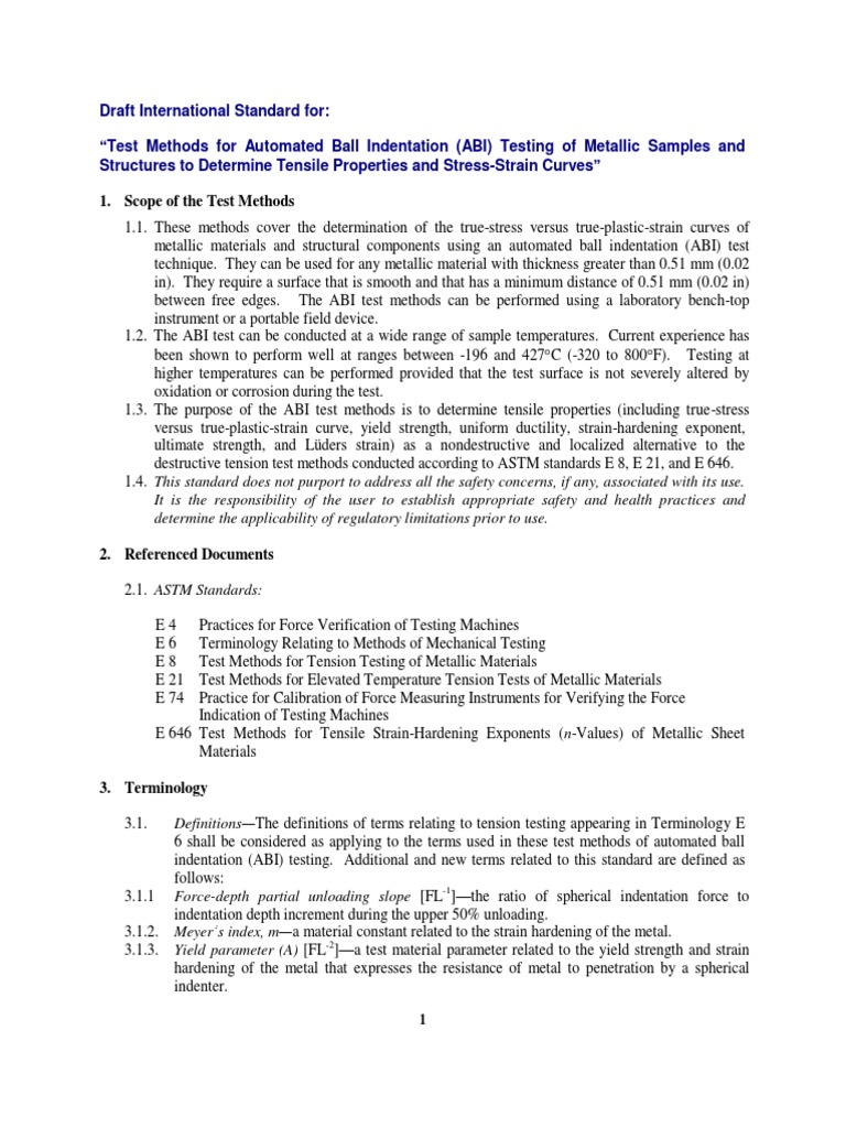 "Test Methods For Automated Ball Indentation (ABI) Testing of Metallic ...
