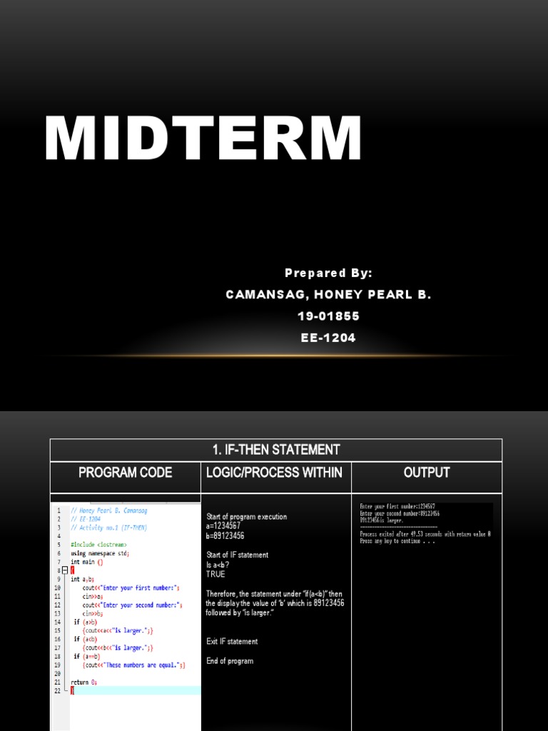 Midterm Exam Review of Programming Concepts: IF-THEN/ELSE Statements and SWITCH Statements | PDF ...