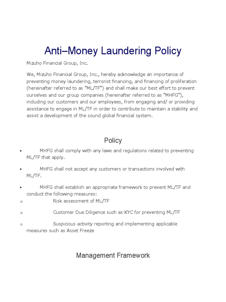 Anti-Money Laundering Policy | PDF