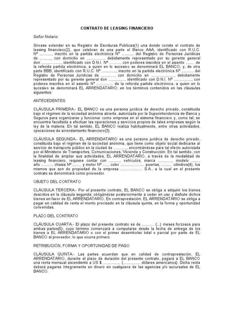 Contrato de Leasing Financiero | PDF | Arrendamiento | Póliza de seguros