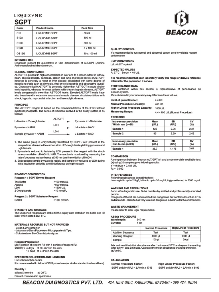 SGPT (ALT) - Kit Insert | PDF | Alanine Transaminase | Lactate Dehydrogenase