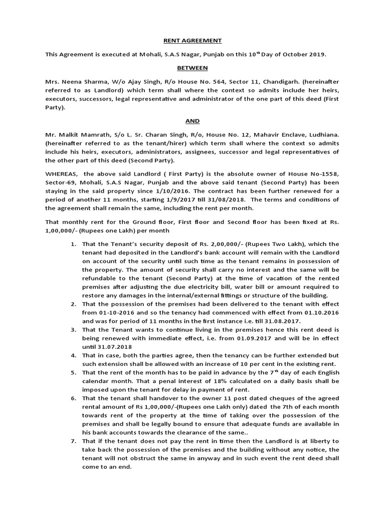 Rent Deed | PDF | Leasehold Estate | Landlord