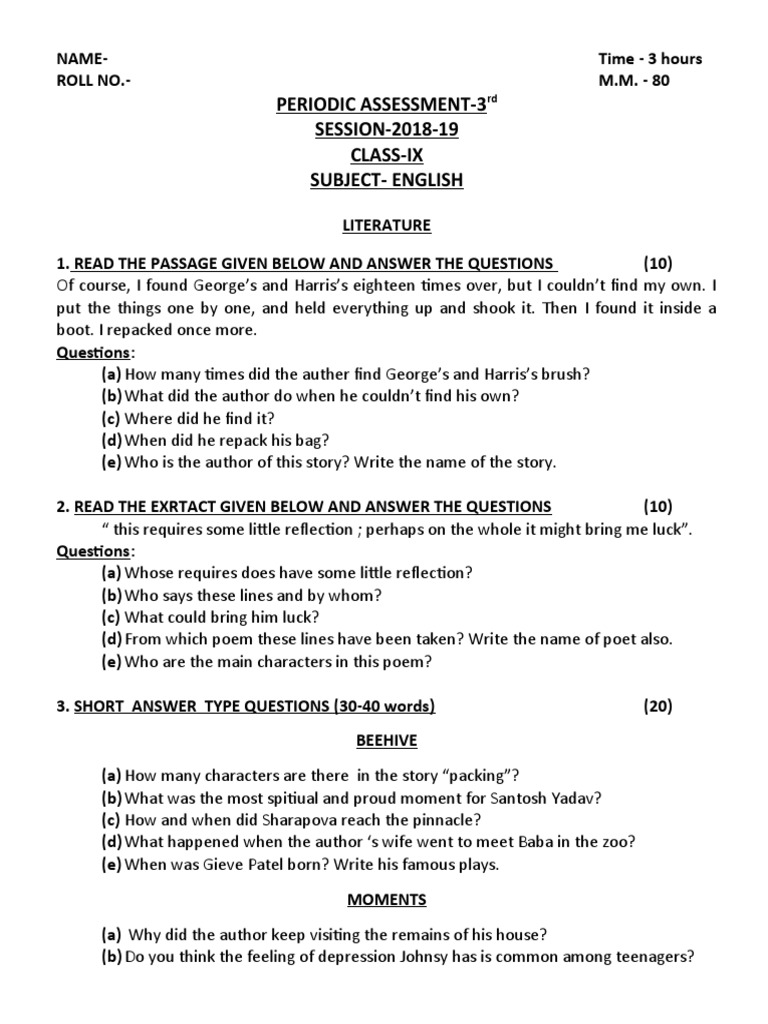 Periodic Assessment-3 SESSION-2018-19 Class-Ix Subject-English | PDF ...