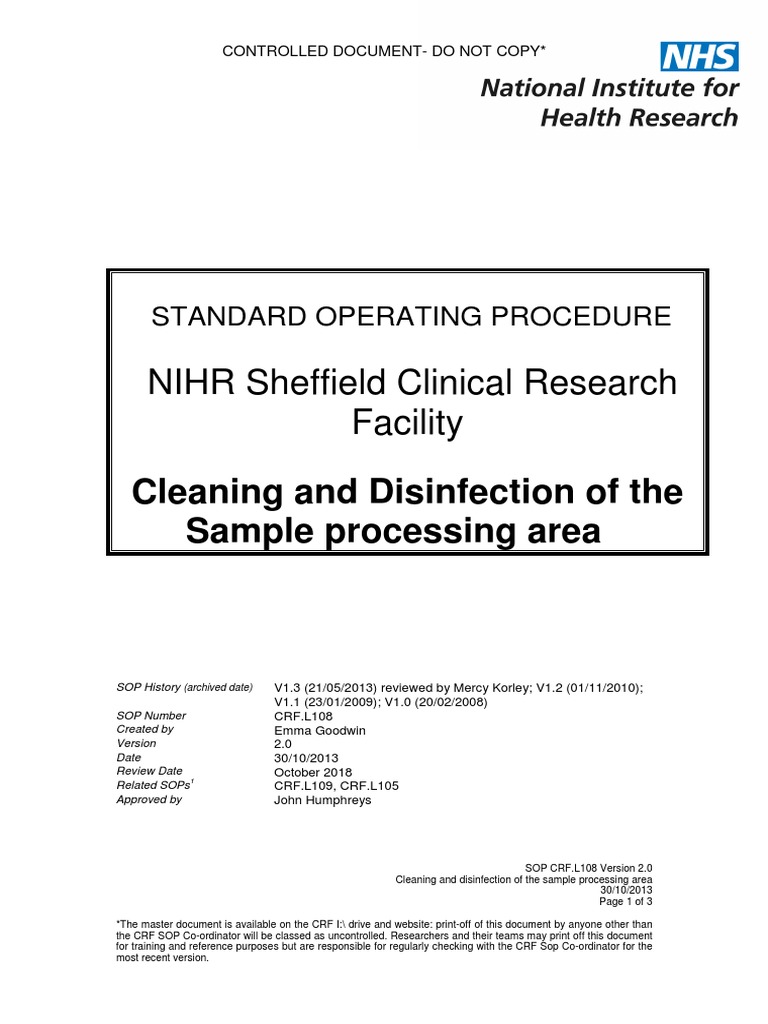 NIHR Sheffield Clinical Research Facility: Cleaning and Disinfection of ...
