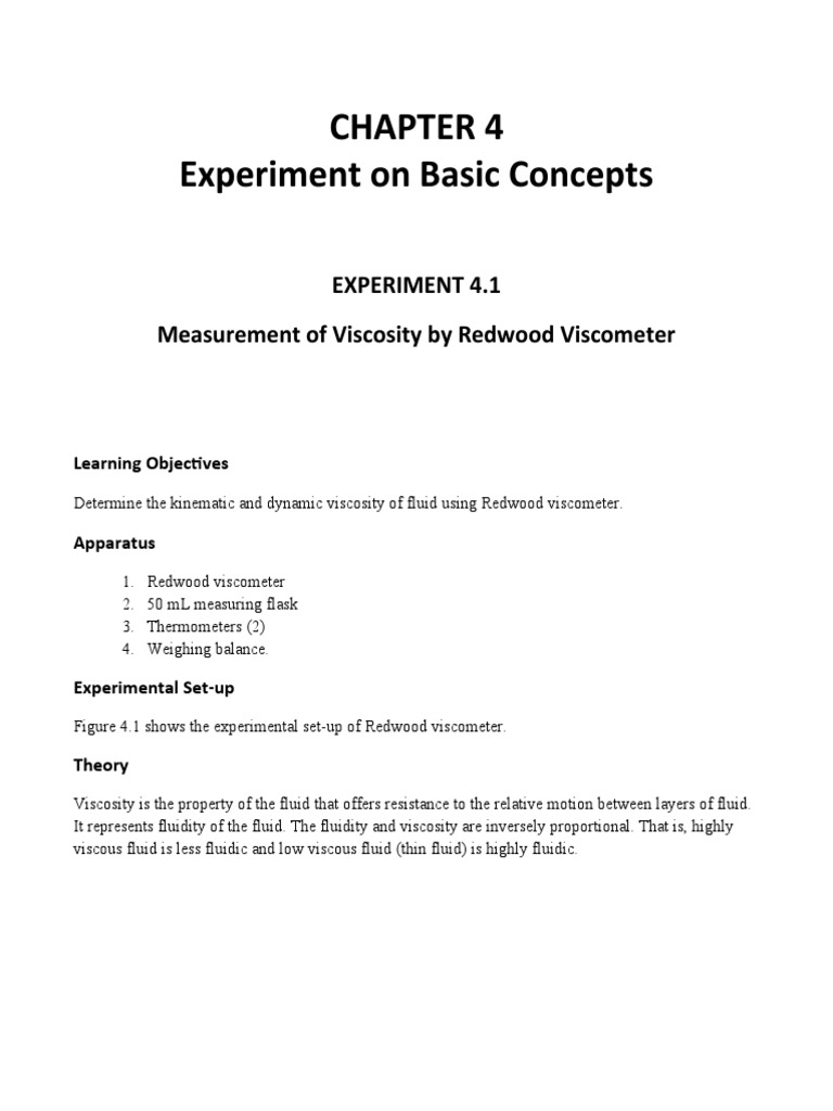 Experiment On Basic Concepts: Experiment 4.1 Measurement of Viscosity by Redwood Viscometer ...