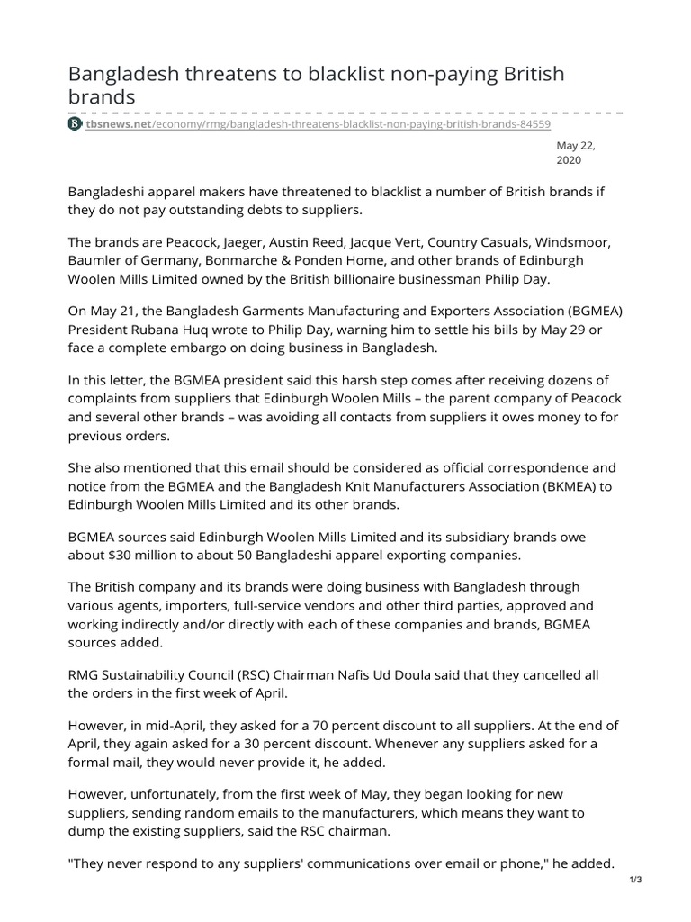 Bangladesh Threatens To Blacklist Non-Paying British Brands | PDF | Business Law | Business