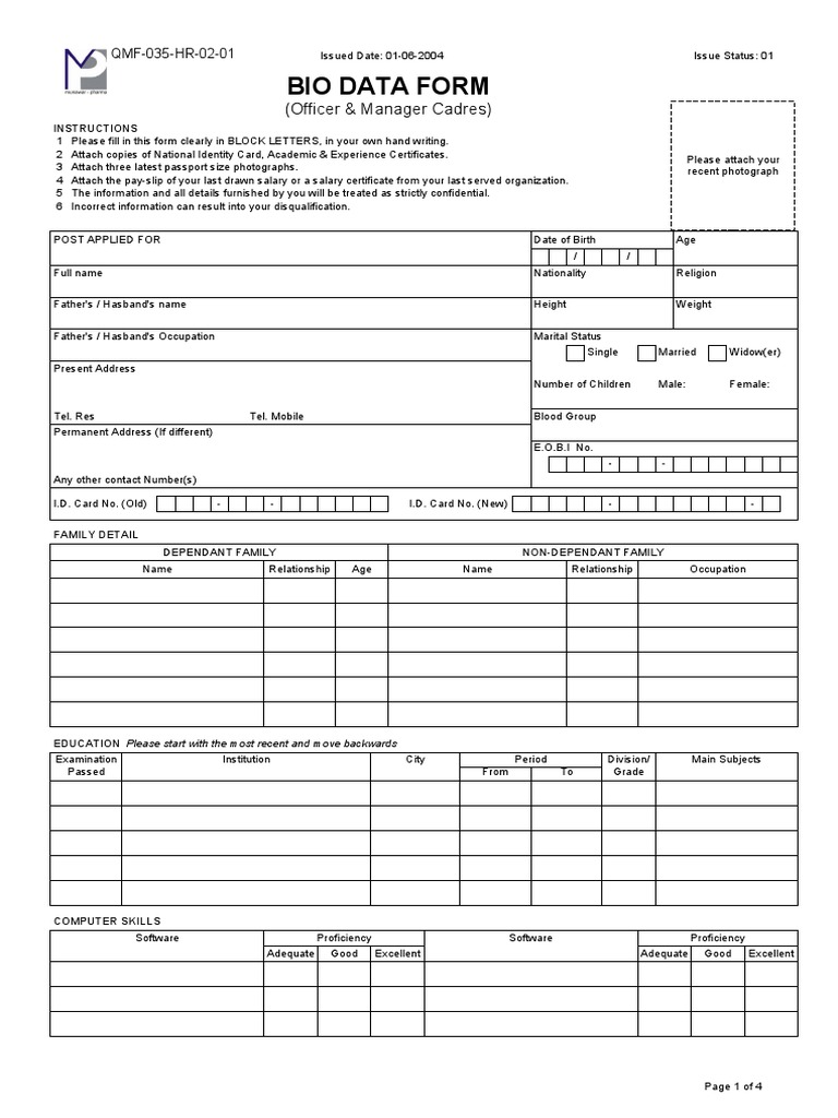 Bio Data Form | PDF | Identity Document | Employee Benefits
