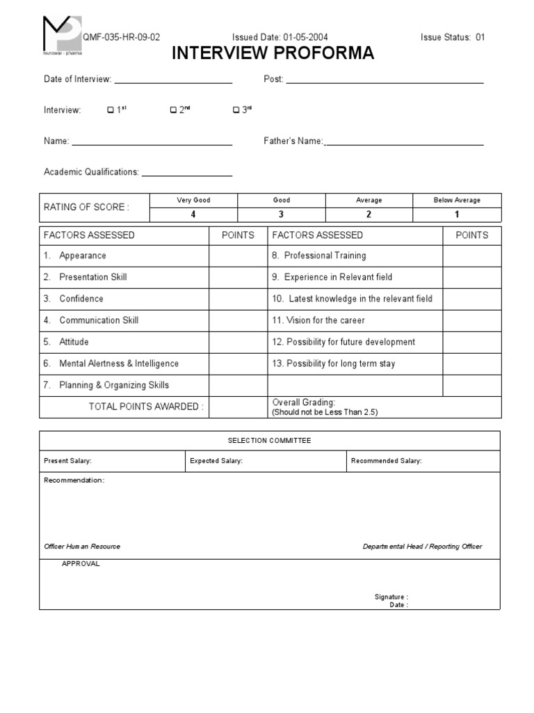 Interview Proforma: Very Good Good Average Below Average | PDF