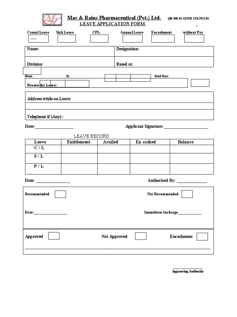 Mac & Rains Pharmaceutical (PVT.) LTD.: Leave Application Form | PDF