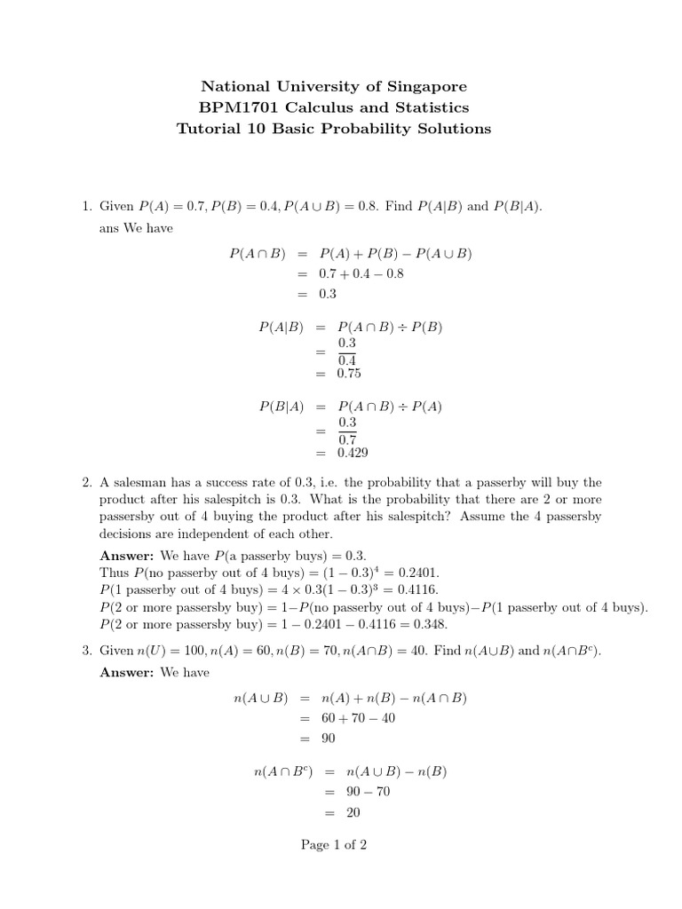 National University of Singapore BPM1701 Calculus and Statistics Tutorial 10 Basic Probability ...
