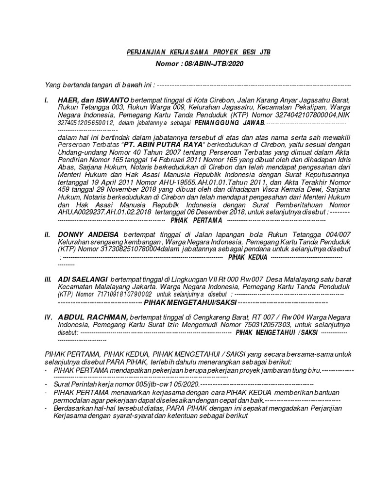 Perjanjian Kerjasama Urugan PT. ABIN | PDF | Komputer