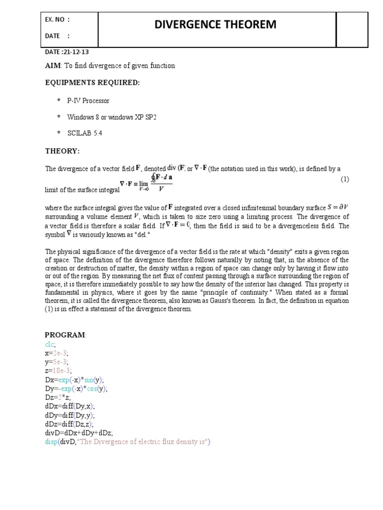 Divergence Theorem: AIM: To Find Divergence of Given Function ...