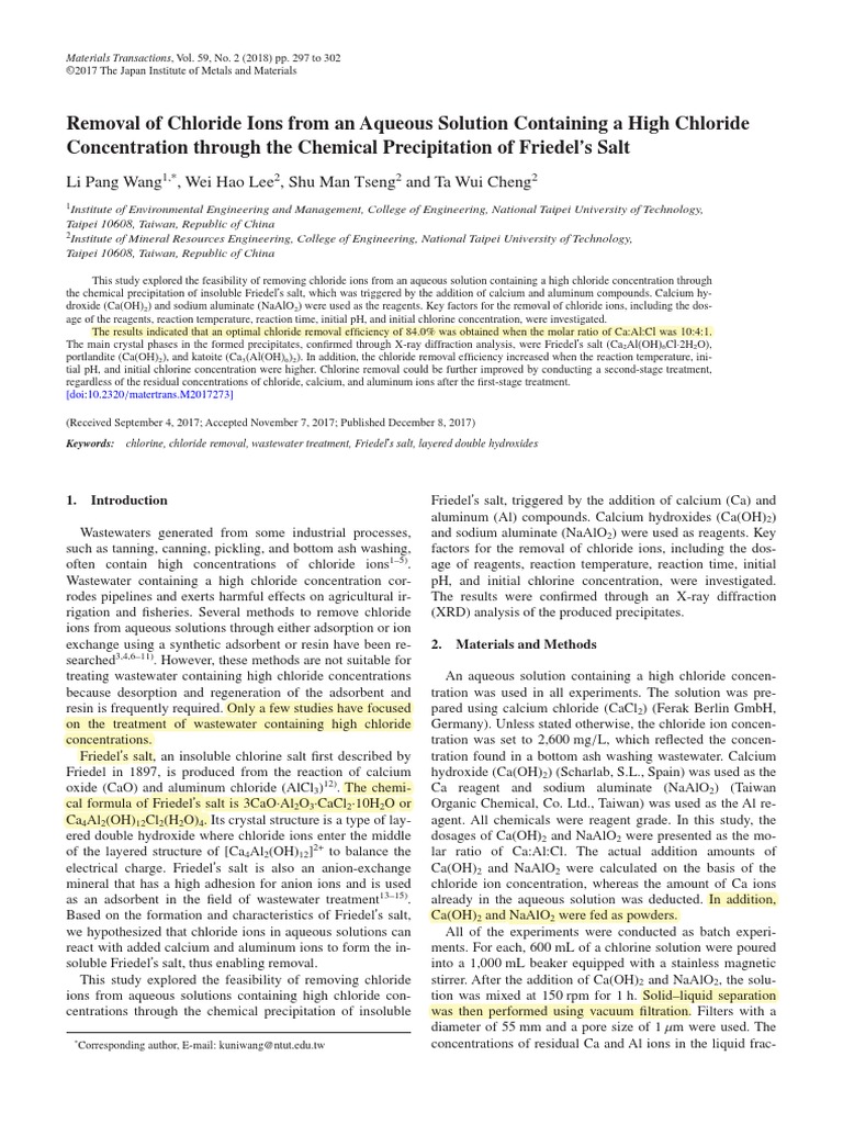 Removal of Chloride Ions From An Aqueous Solution Containing A High ...