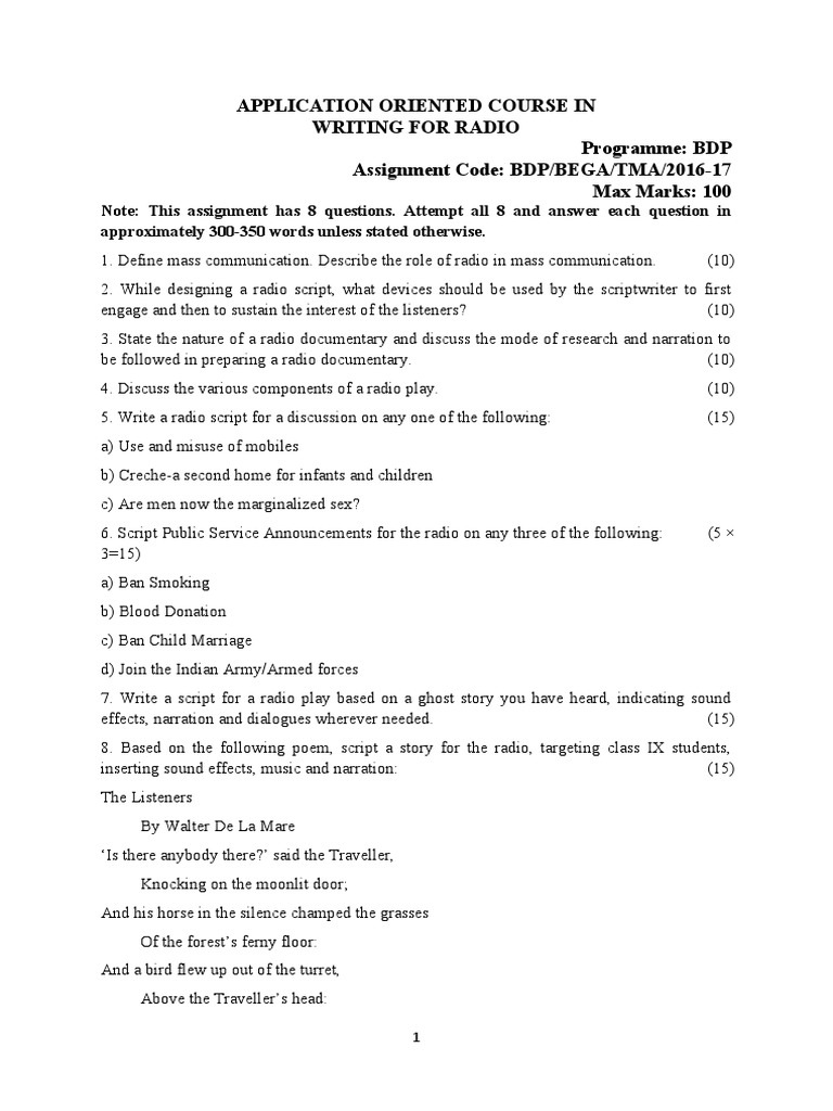 Application Oriented Course in Writing For Radio Programme: BDP Assignment Code: BDP/BEGA/TMA ...
