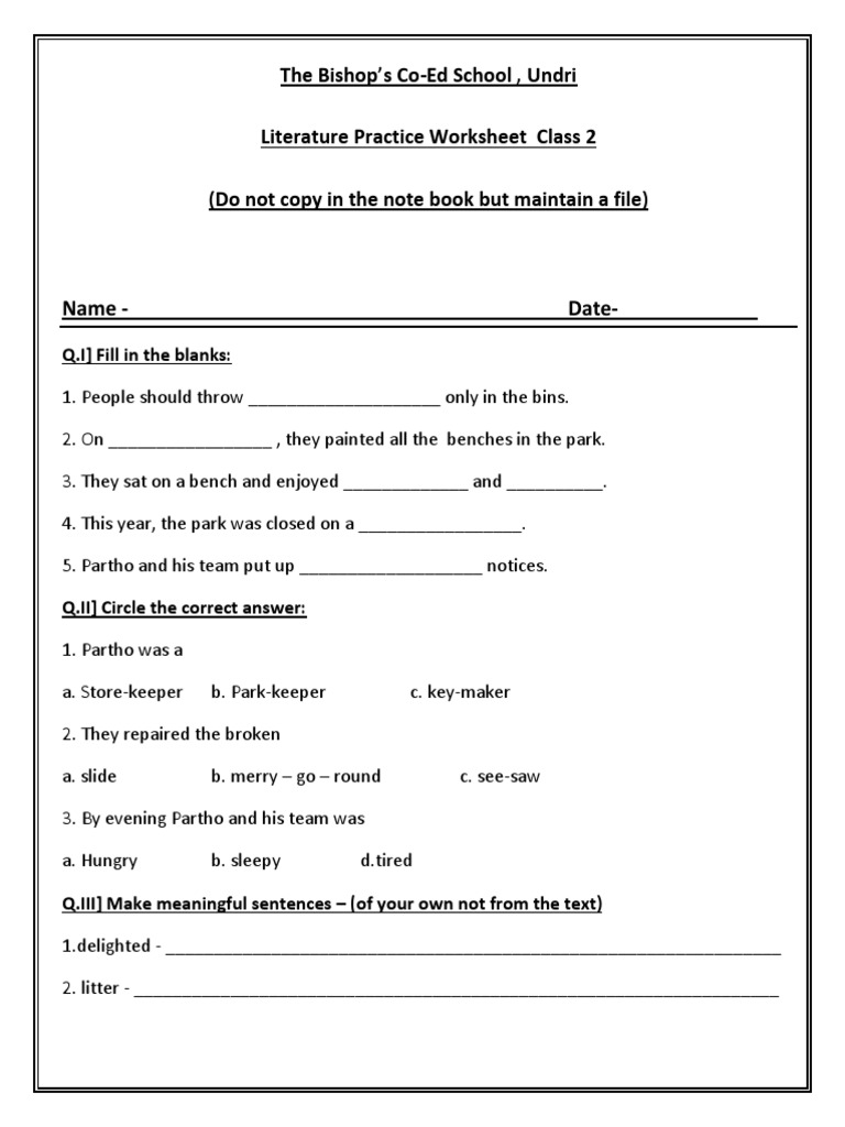 The Bishop's Co-Ed School, Undri Literature Practice Worksheet Class 2 ...