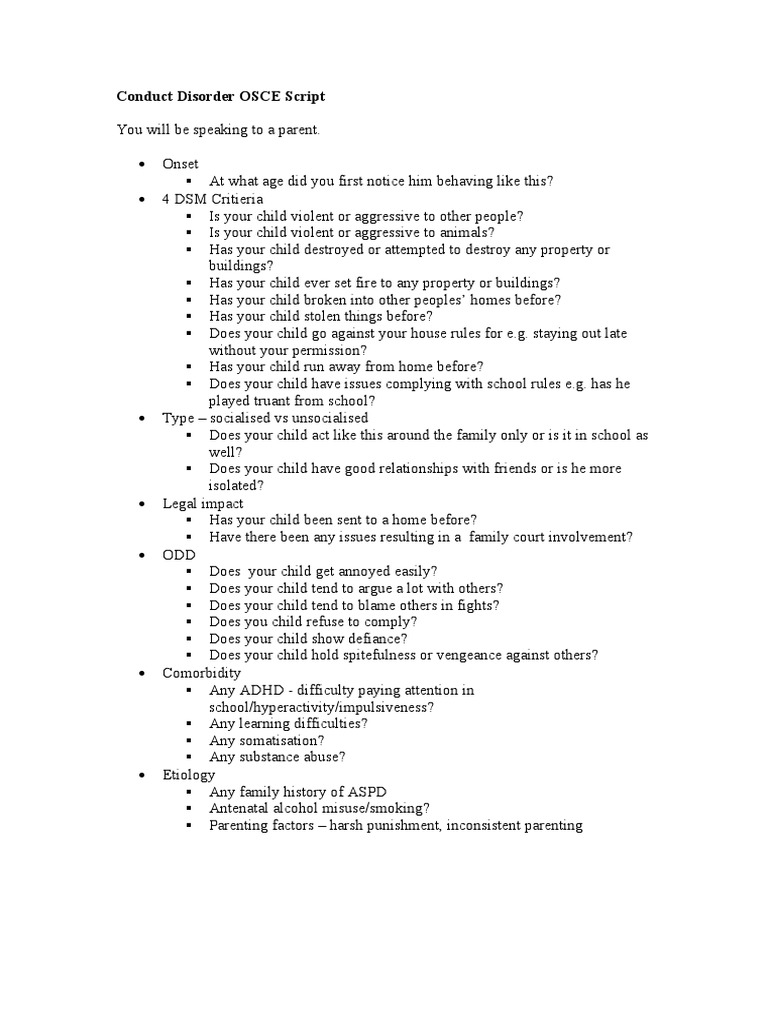 Conduct Disorder OSCE Script Questions | PDF