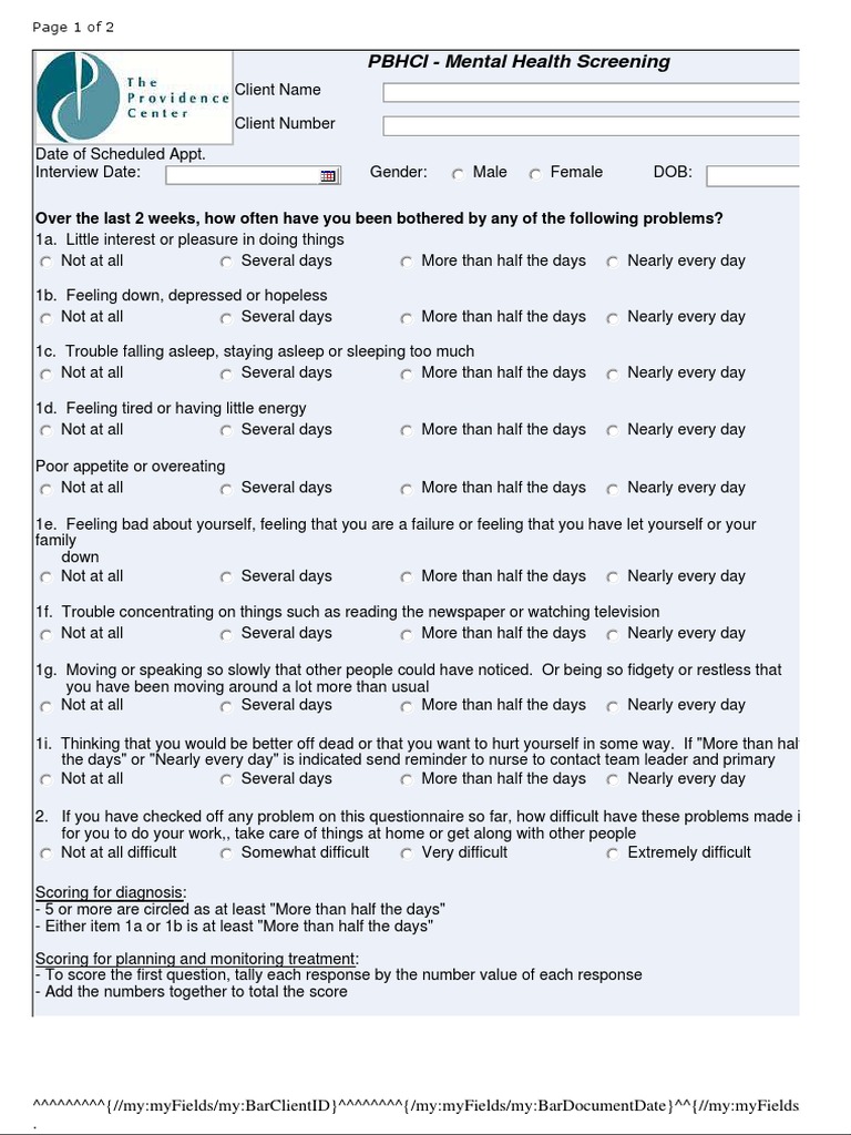 PBHCI - Mental Health Screening | PDF | Abnormal Psychology | Psychiatry