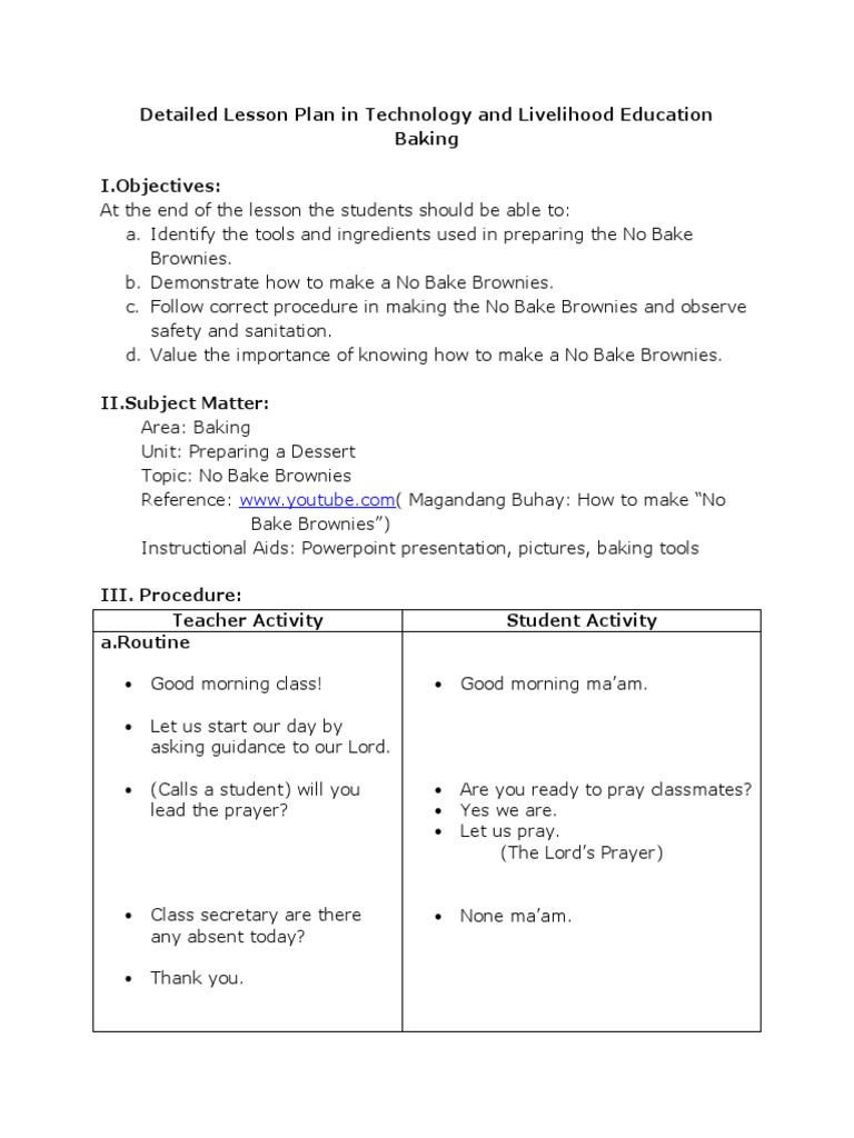 Detailed Lesson Plan in Technology and Livelihood Education Baking I ...