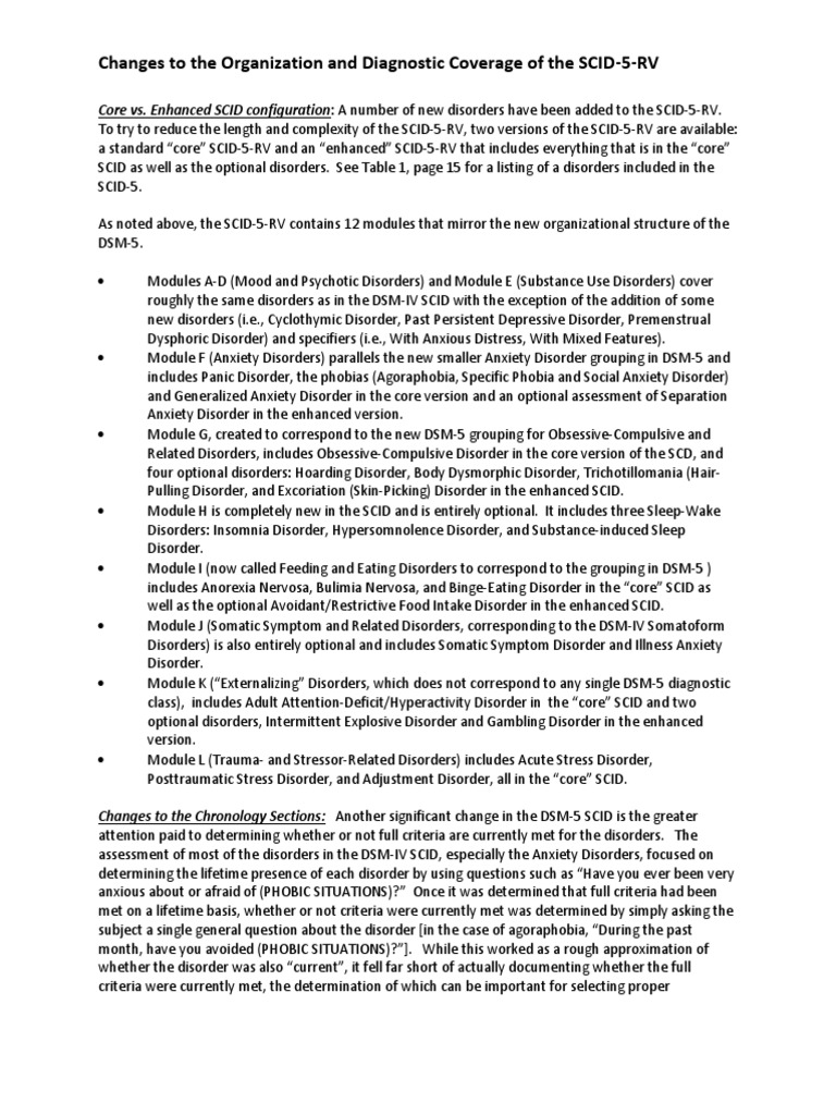 SCID-5-RV Changes to Organization and Diagnostic Coverage | PDF ...