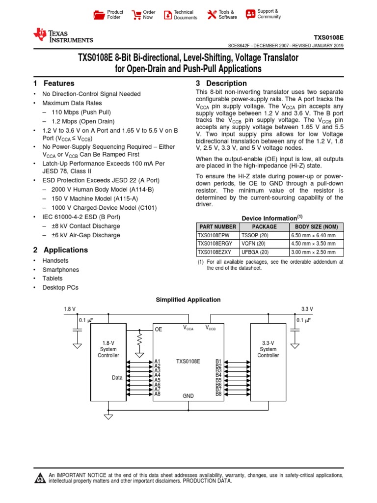 TXS0108E 8-Bit Bi-Directional, Level-Shifting, Voltage Translator For ...