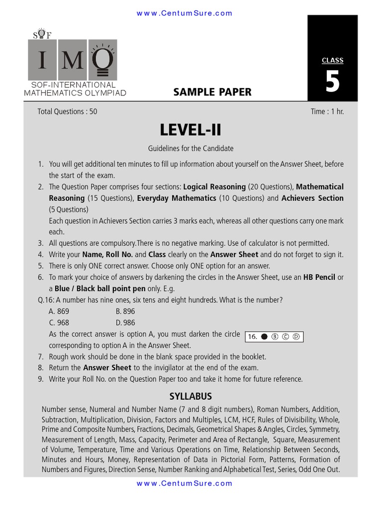 Level-Ii: Sample Paper | Download Free PDF | Numbers | Test (Assessment)