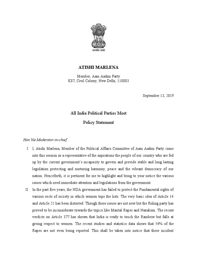 Atishi Marlena: All India Political Parties Meet Policy Statement | PDF ...