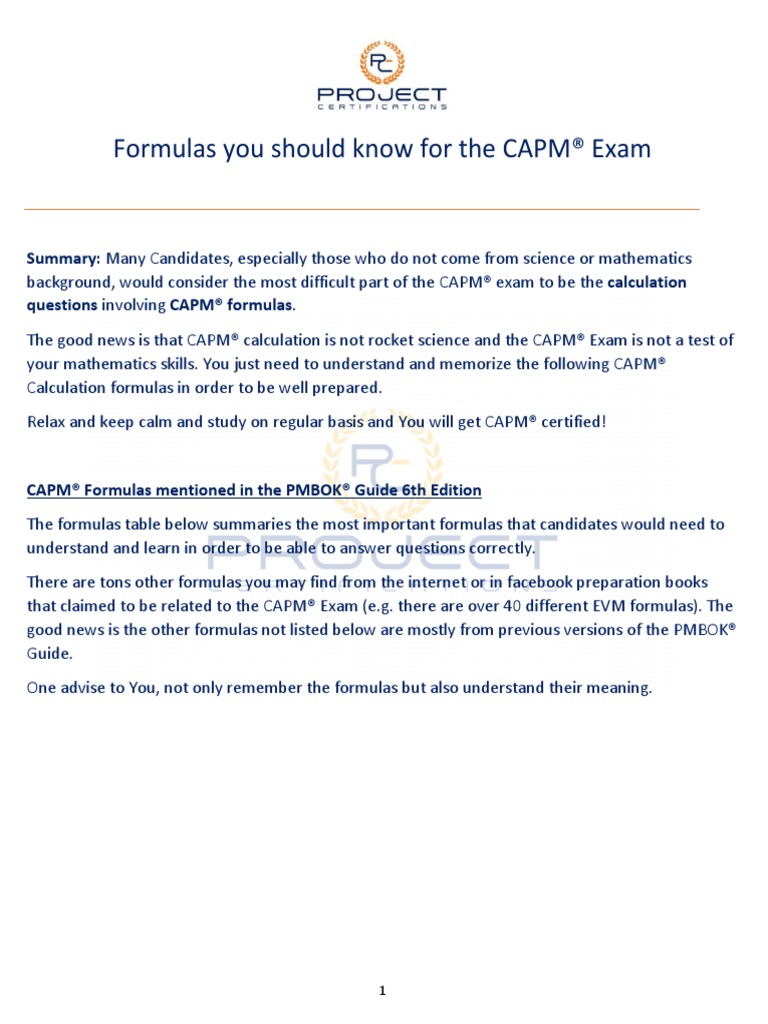 Formulas To Pass CAPM Exam | PDF | Business | Teaching Mathematics