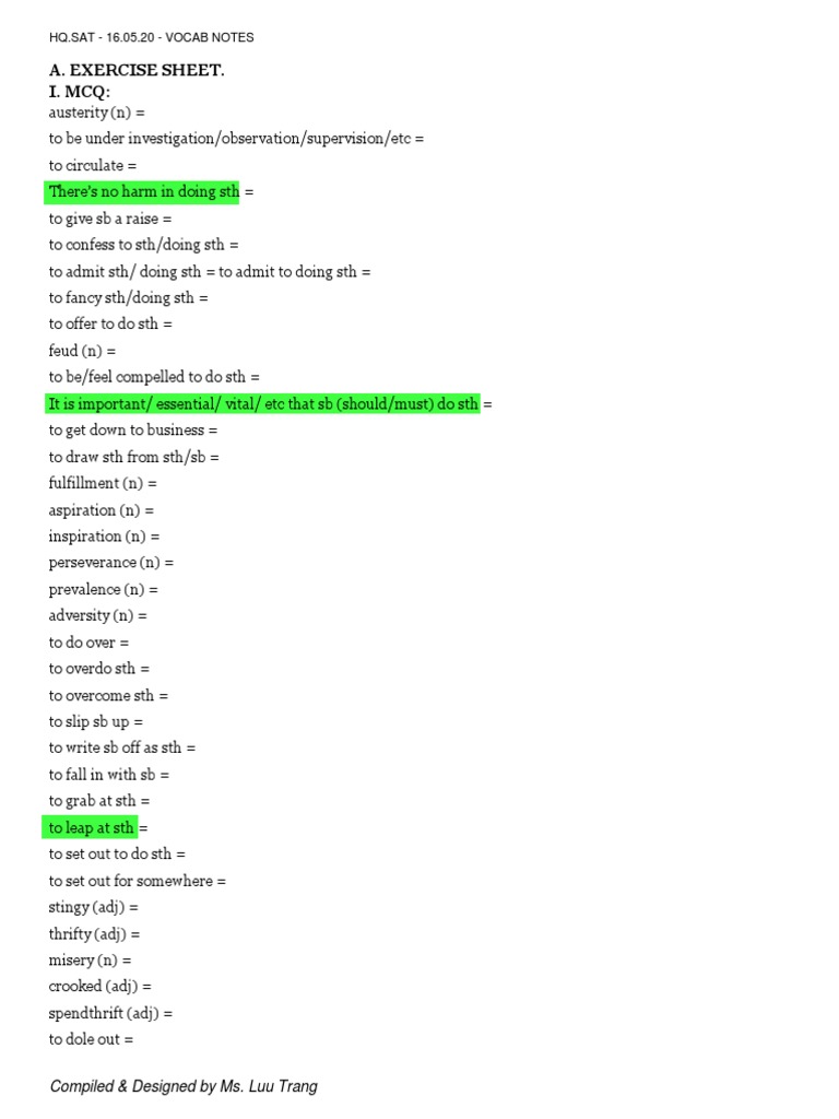 A. Exercise Sheet. I. MCQ:: HQ - SAT - 16.05.20 - VOCAB NOTES | PDF ...