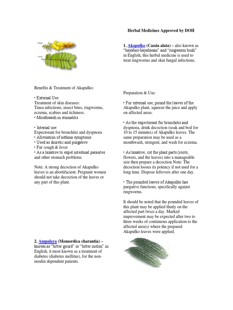 Akapulko: Herbal Medicines Approved by DOH | PDF | Wound | Diarrhea