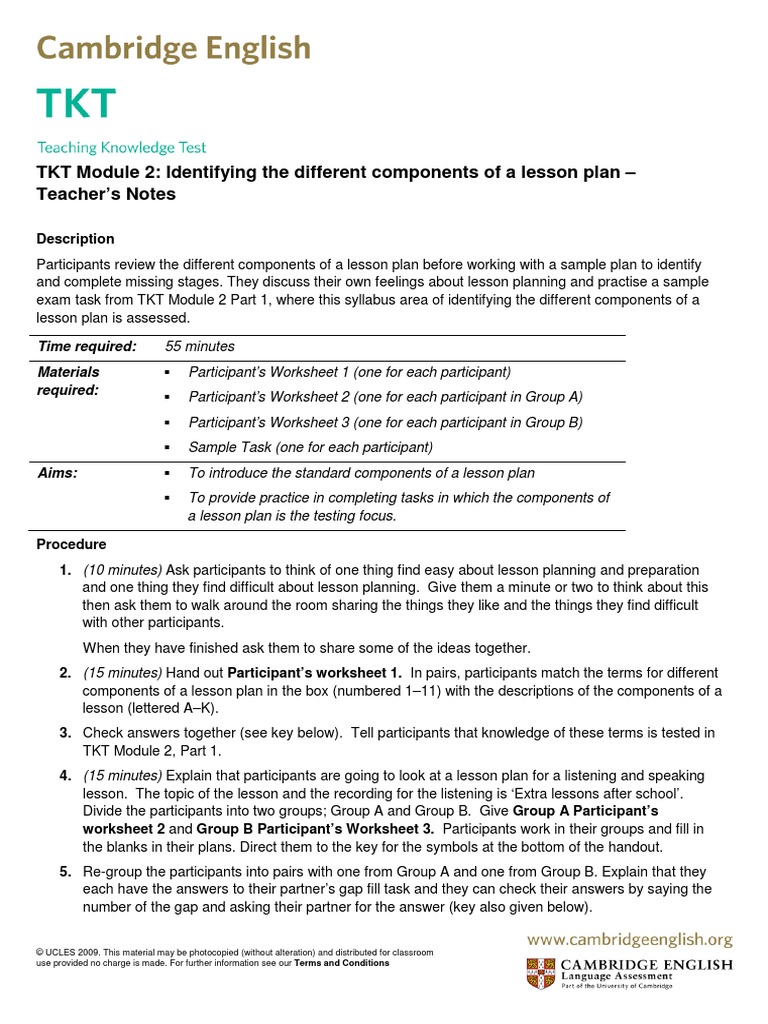 TKT Module 2 Identifying The Different Components of A Lesson Plan PDF | PDF | Lesson Plan ...