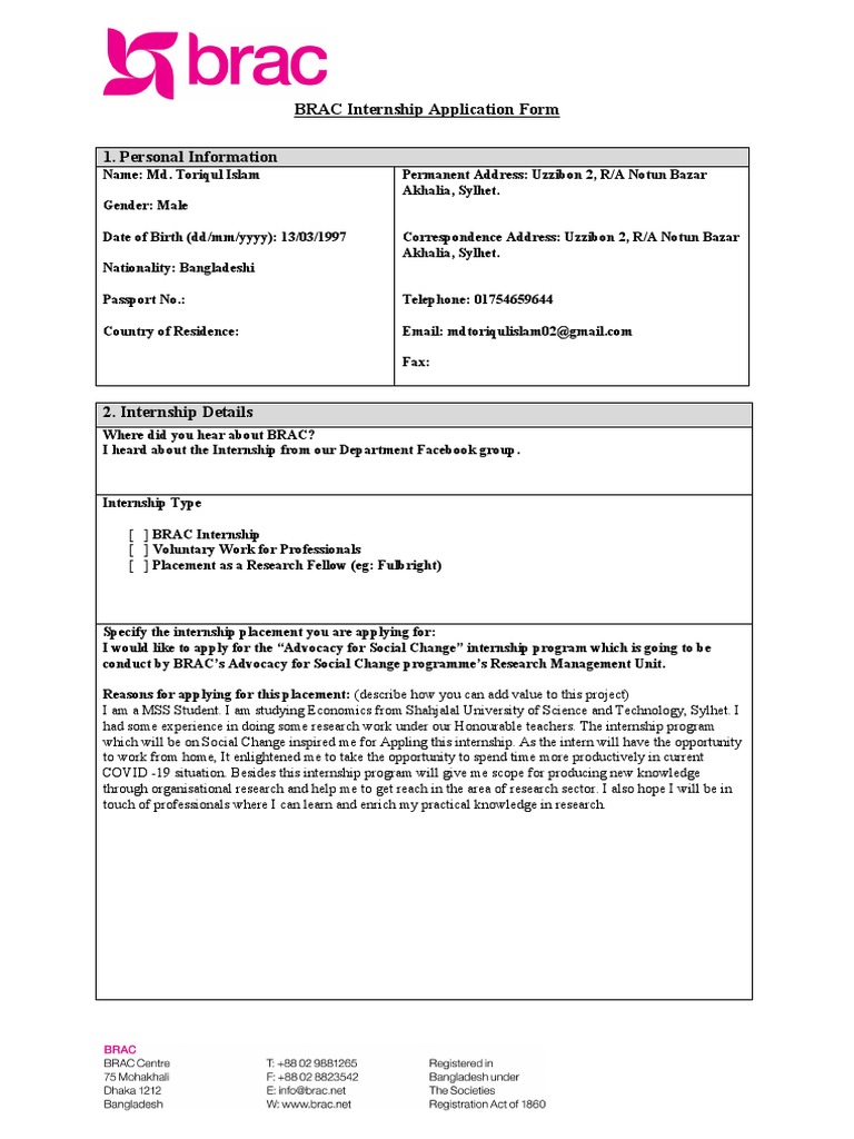 Internship Application Form | PDF | Internship | Job Hunting