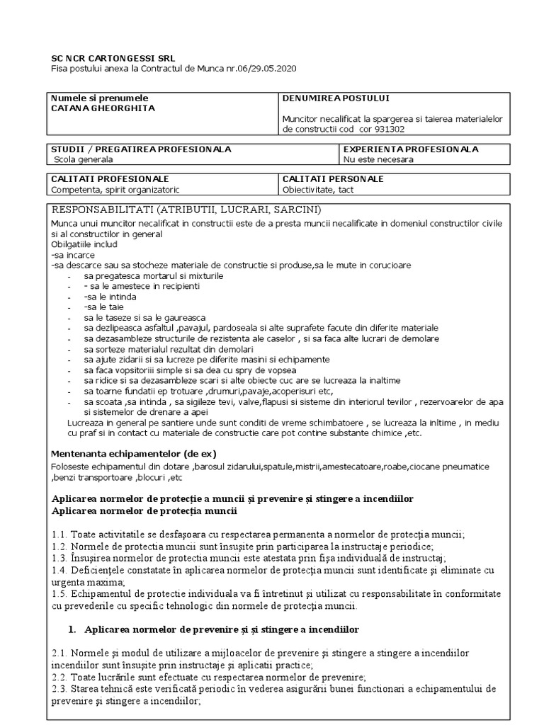 FISA POST Muncitor Necalificat in Constructii | PDF