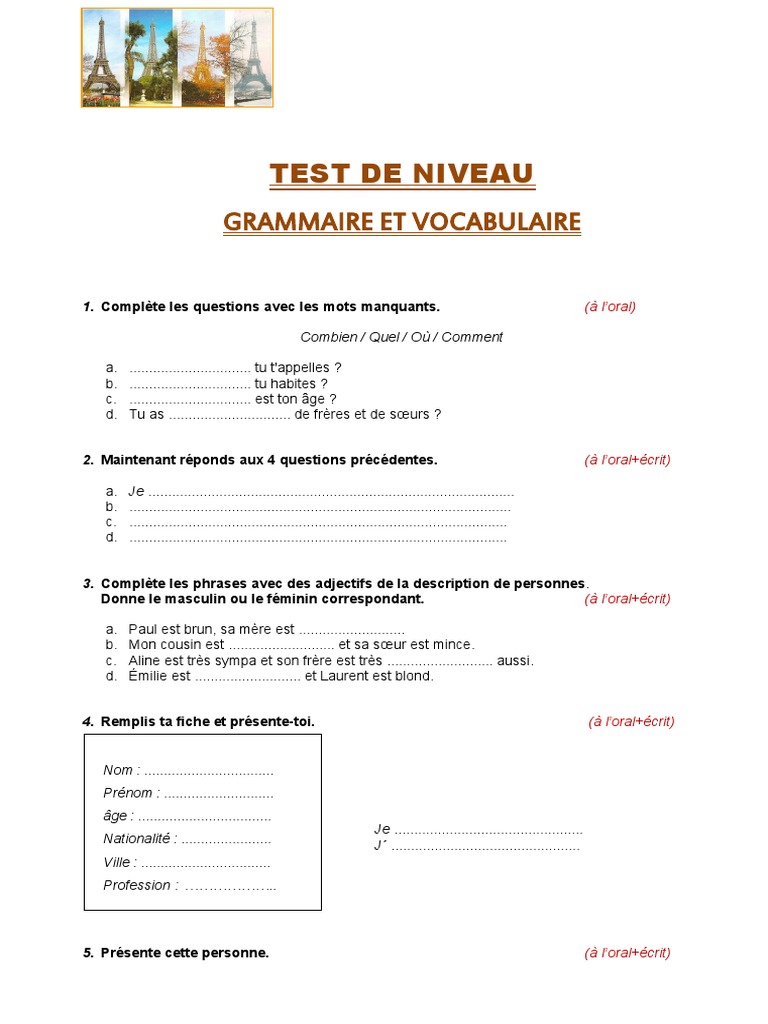 Test de niveau A1-A2 en français | PDF