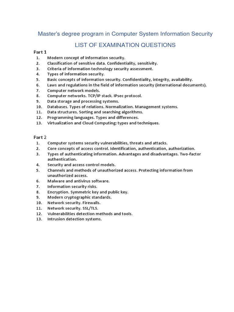 Exam Questions Computer Systems Information Security | PDF