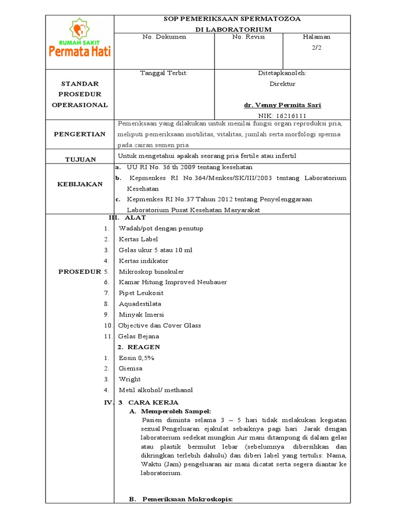 Prosedur Pemeriksaan Sperma di Laboratorium | PDF