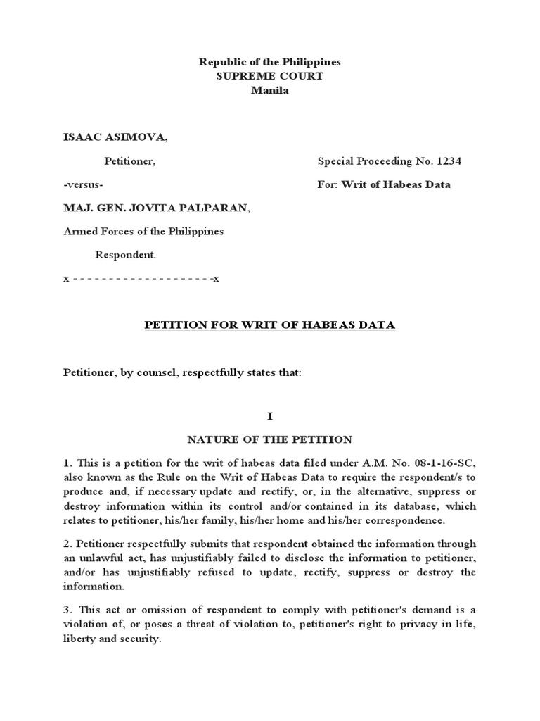 Sample - Writ of Habeas Data | PDF | Habeas Corpus | Privacy